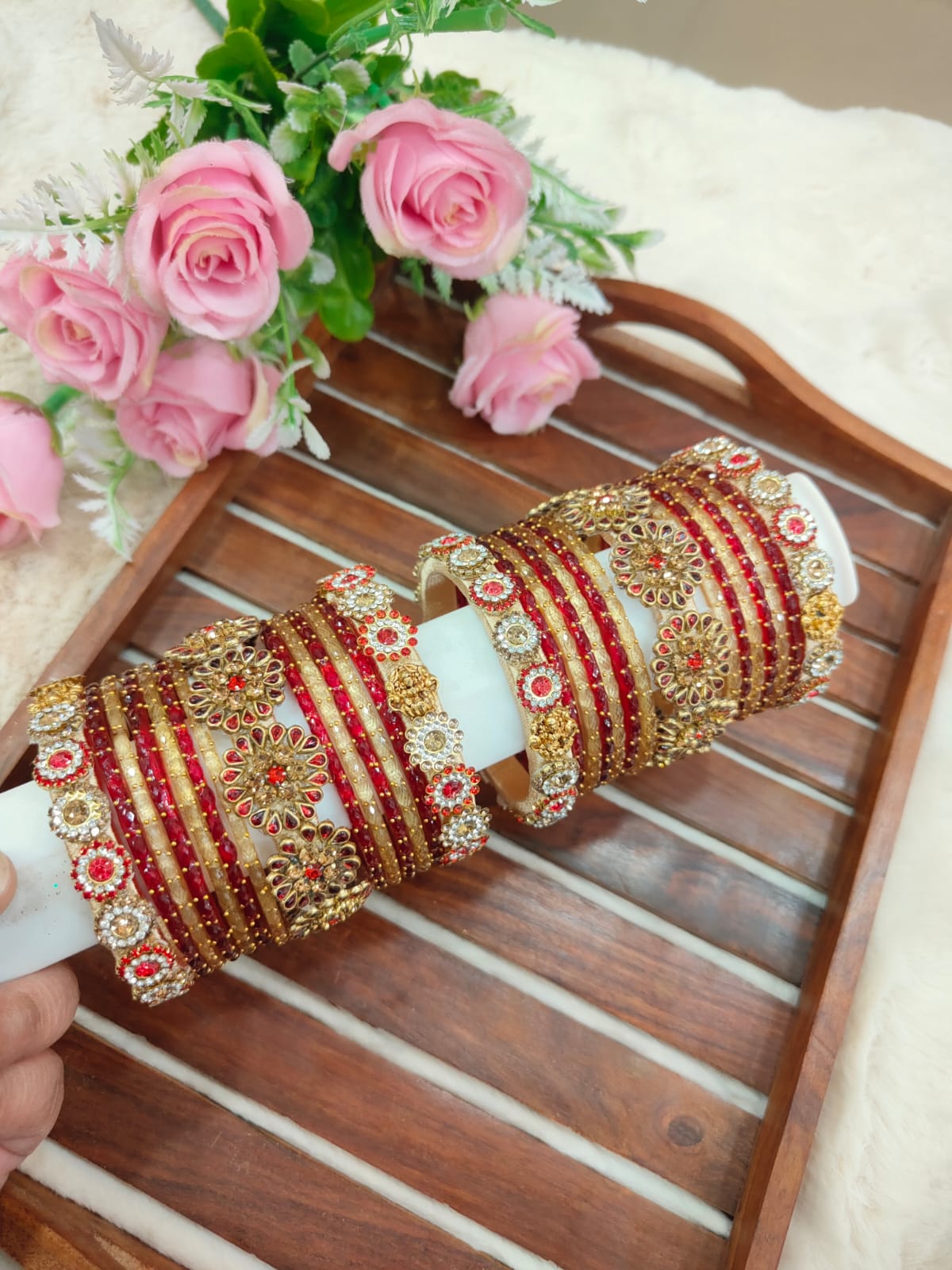 Gorgeous Red floral Lakshmi set mixed with Raindrop glass bangles ...